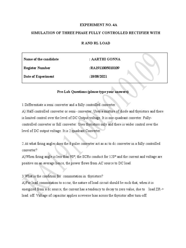 Experiment No. 4A Simulation of Three Phase Fully Controlled Rectifier With R and RL Load | PDF ...