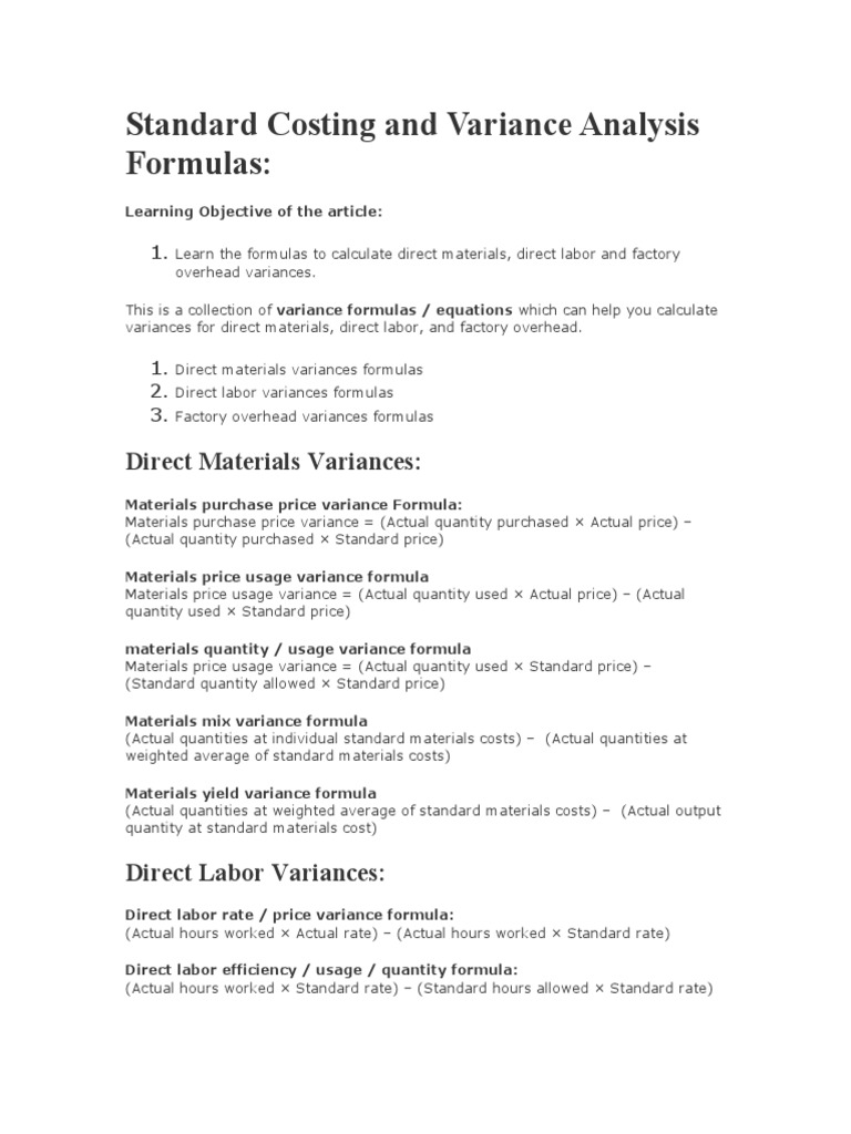 Costing Variance Formulas Explained | PDF | Variance | Weighted Arithmetic Mean