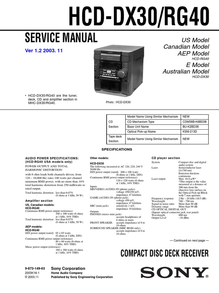Service Manual: HCD-DX30/RG40 | PDF | Decibel | Distortion