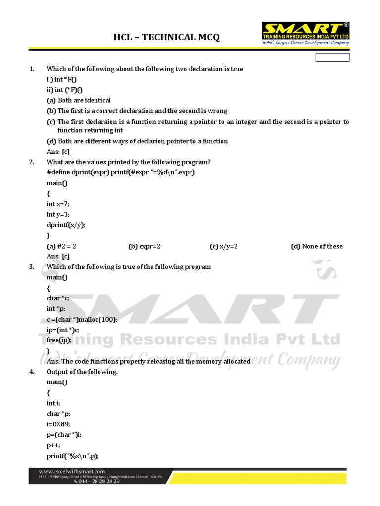 HCL Technical MCQ - 239 Questions | PDF | Pointer (Computer Programming) | Programming