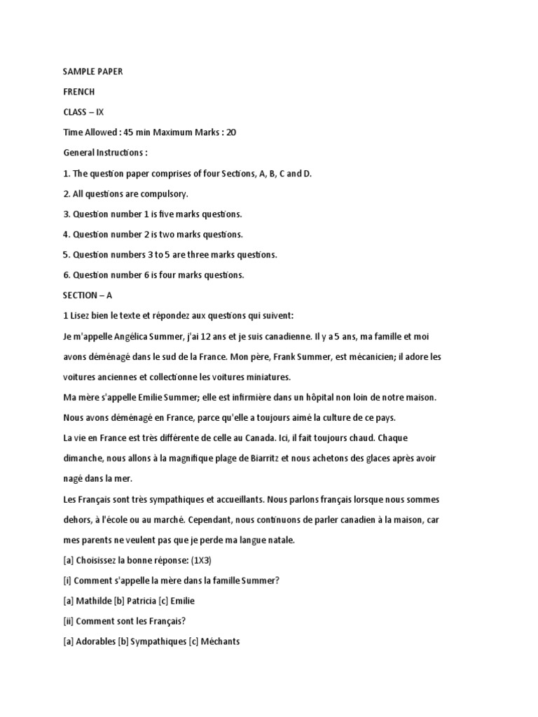 Examen de français - Classe IX | PDF