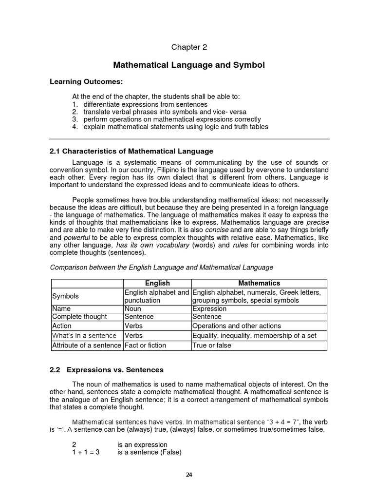 Mathematical Language and Symbol: Learning Outcomes | PDF | If And Only ...