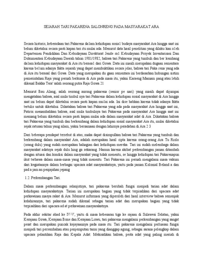 Sejarah Tari Pakarena Salonreng Pada Masyarakat Ara | PDF