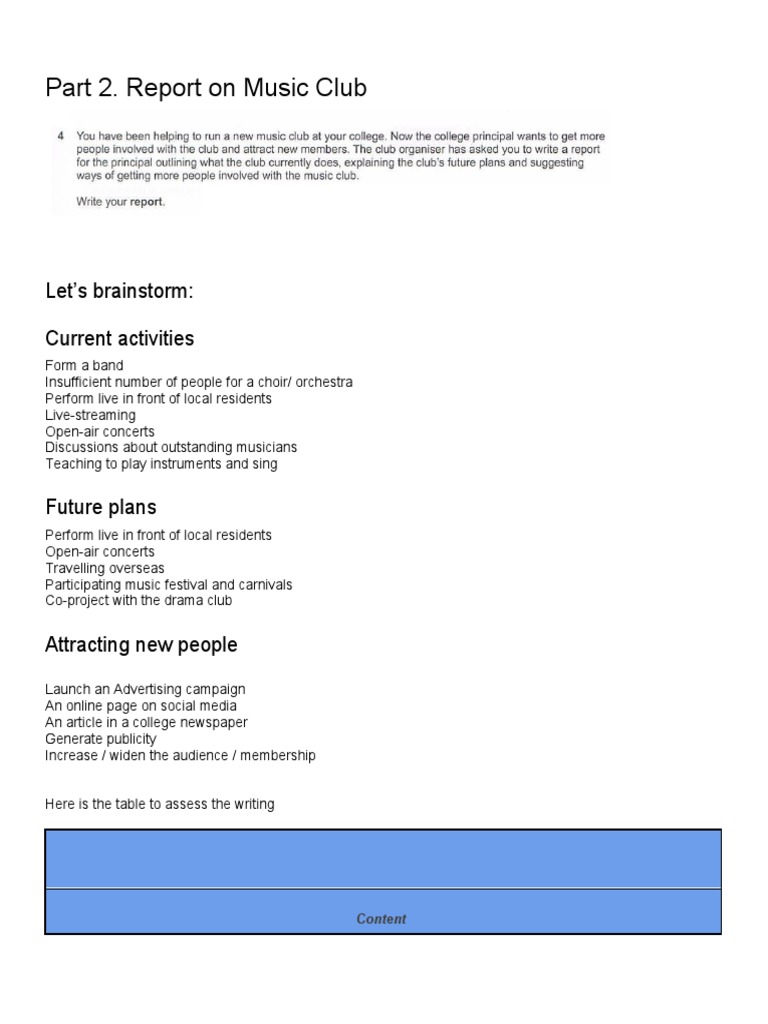 Part 2. Report On Music Club: Let's Brainstorm: Current Activities ...