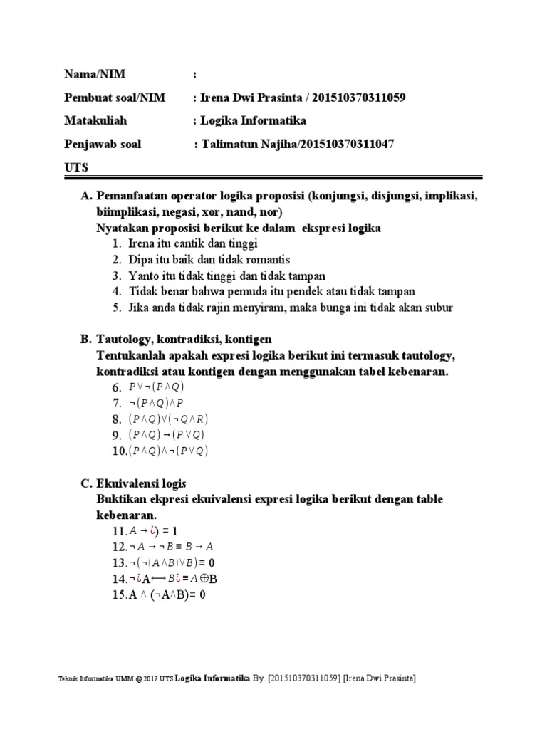 Logika Proposisi dan Tautologi UTS | PDF