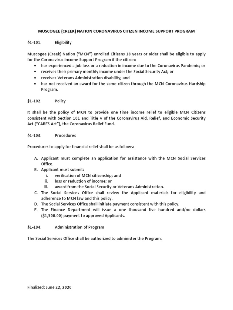 MCN Coronavirus Income Support Program Policy | PDF | Finance & Money ...
