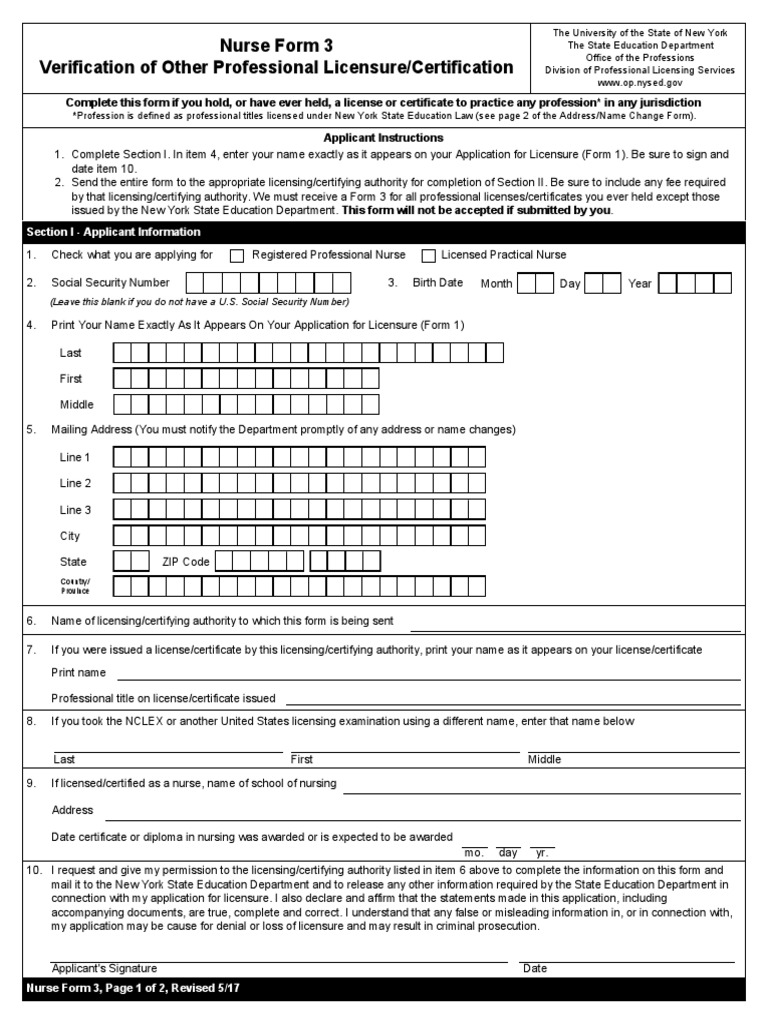 Nurse Form 3 Verification of Other Professional Licensure/Certification ...