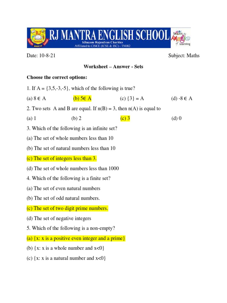 Maths Worksheet: Sets and Answers | PDF | Teaching Methods & Materials