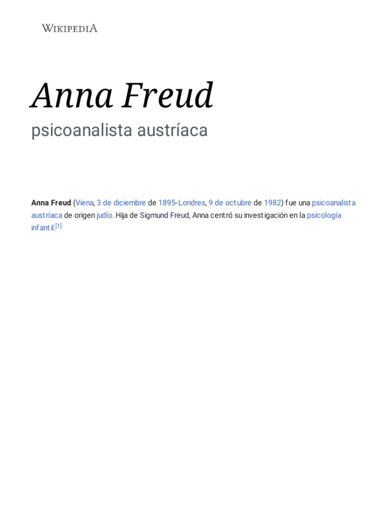 Anna Freud - Wikipedia, La Enciclopedia Libre | PDF | Sicología | Psicoanálisis