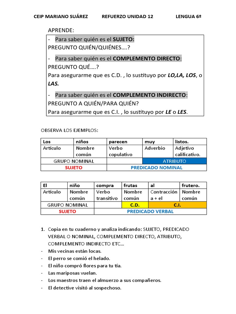 Complemento Directo e Indirecto Ejercicios de Gramatica - 51267 | PDF | Predicado (Gramática ...
