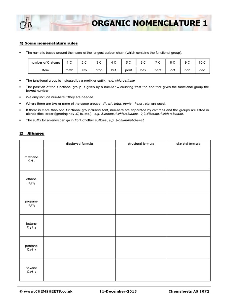Organic Chemistry 1 Nomenclature Practice