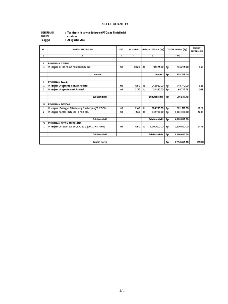 Test Rab Hitung Pondasi Batu Kali Dan Sloof | PDF