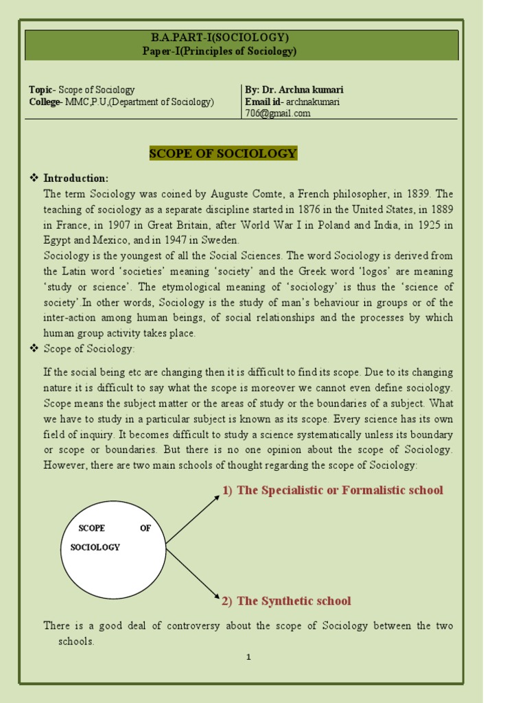 Scope Of Sociology B A Part I Sociology Paper I Principles Of