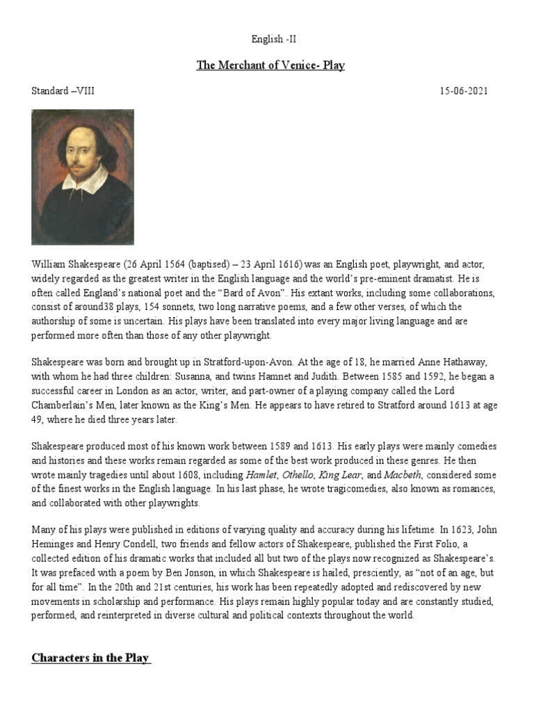 Introduction To Shakespeare | PDF | The Merchant Of Venice | William ...