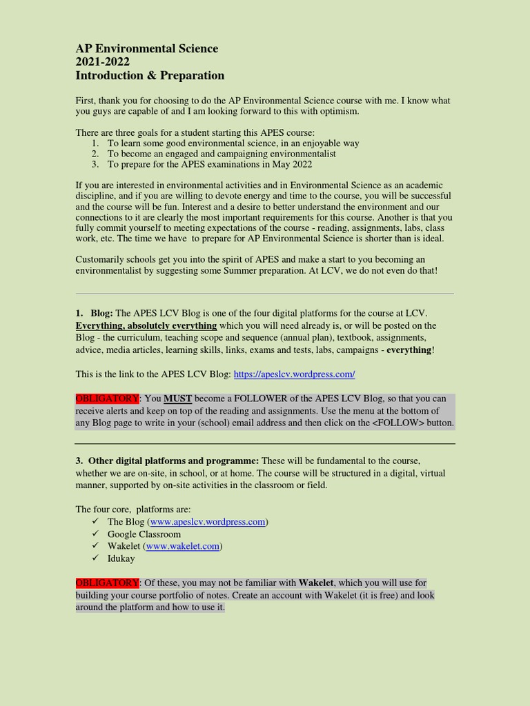 Introduction & Preparation APES 2021-2022 | PDF | Textbook | Test ...