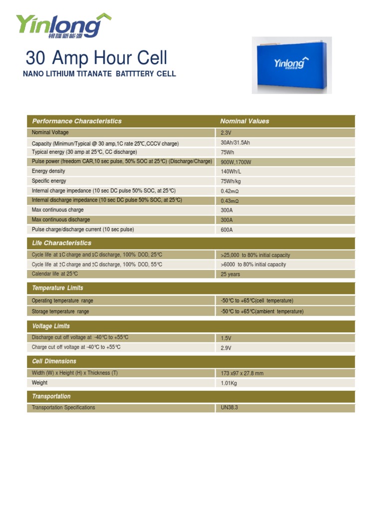 Yinlong 30ah Cell Data Sheet | PDF