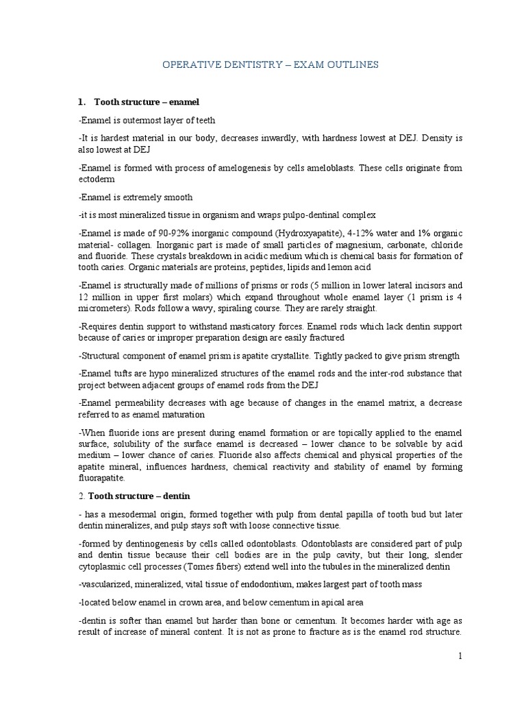 Operative Dentistry - Exam Outlines: 1. Tooth Structure - Enamel | PDF | Tooth Enamel | Dentin