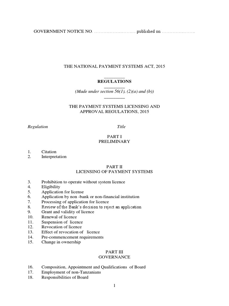 The National Payment Systems (Licensing and Approval) Regulations, 2015 ...