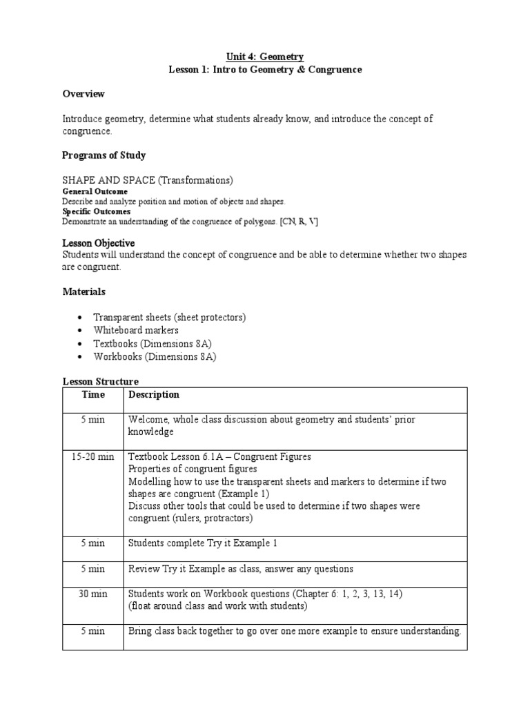 Geometry Lesson 1 Plan | PDF