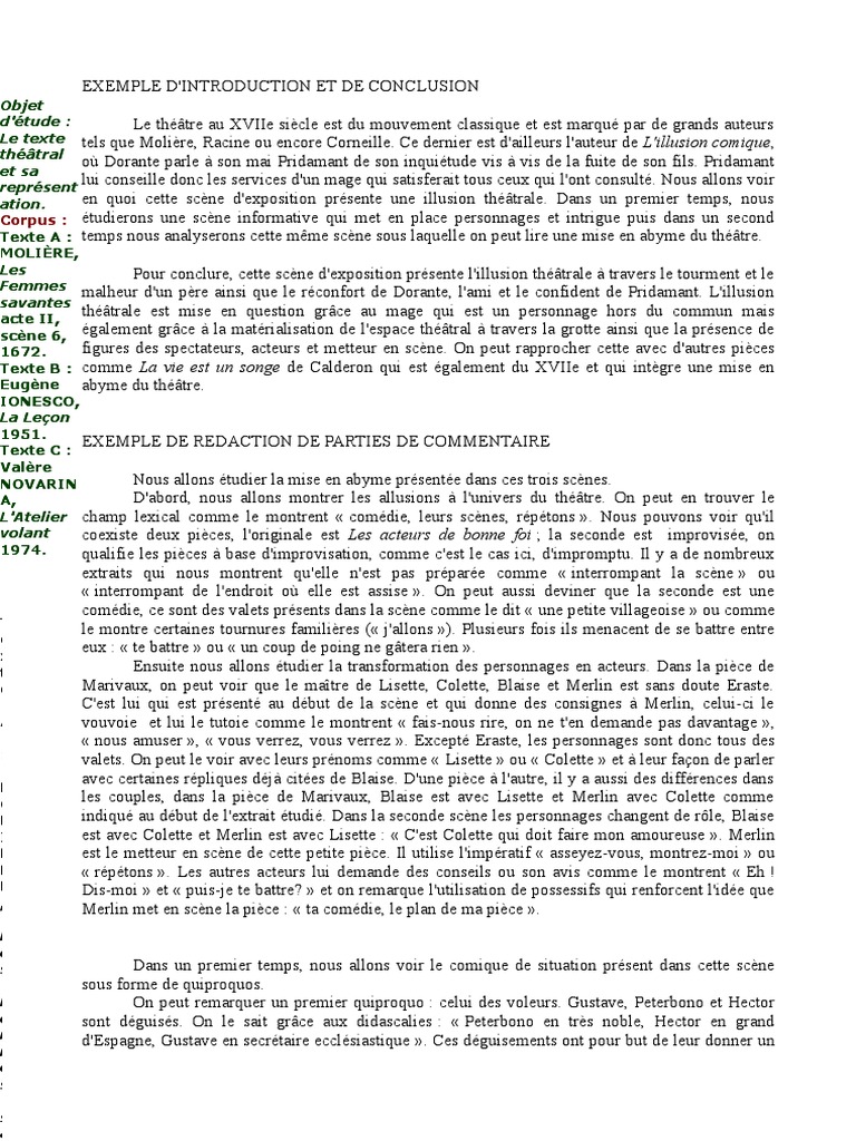 Exemples de Rédaction Commentaire Théâtre | PDF | Théâtre | Comédie