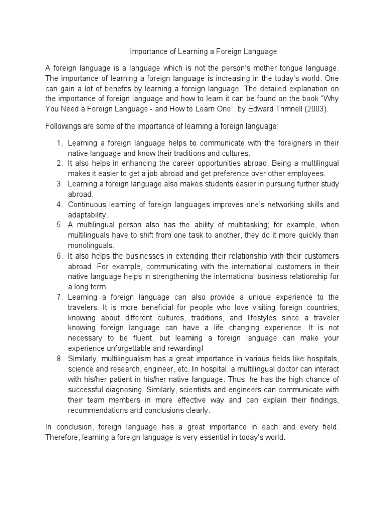 Importance of Learning A Foreign Language | PDF | Foreign Language ...