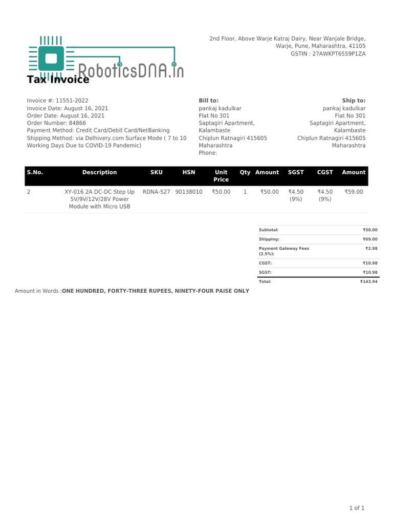 Tax Invoice: S.No. Description SKU HSN Unit Price Qty Amount SGST CGST Amount | PDF | Money ...