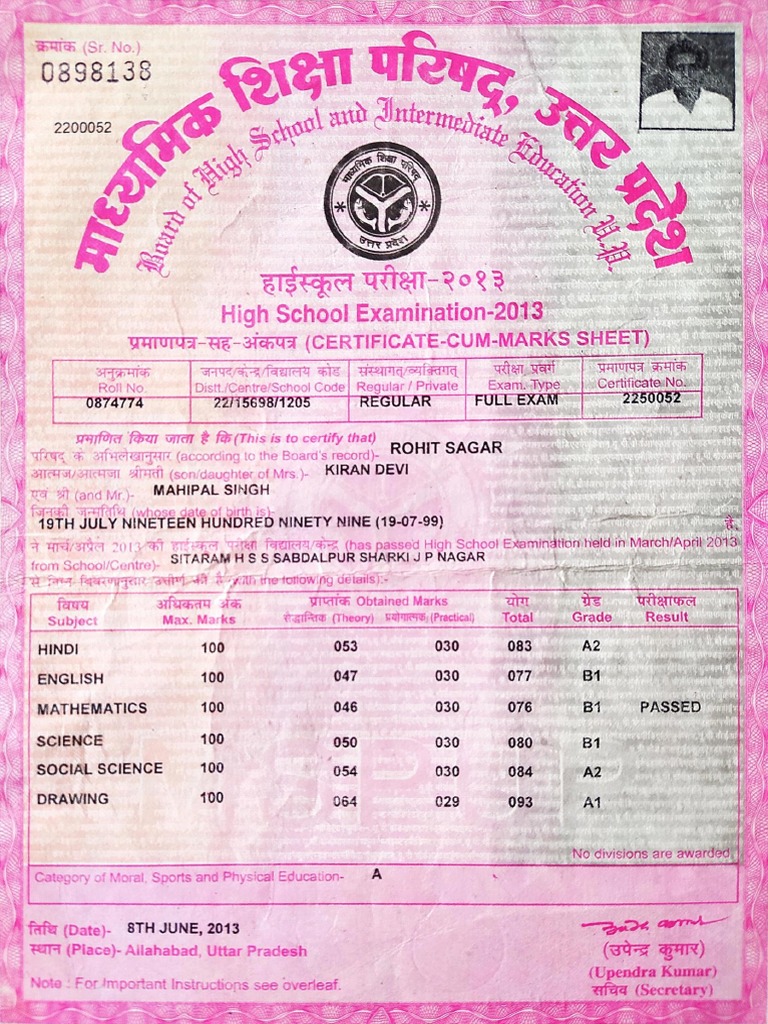High School 10th Marksheet - Rohit Sagar | PDF