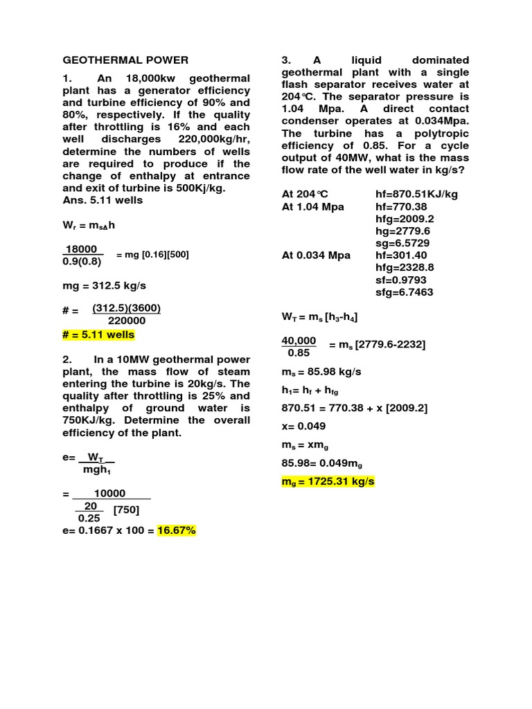 Geothermal Power Problem With Solutions PDF Free | PDF | Steam | Water