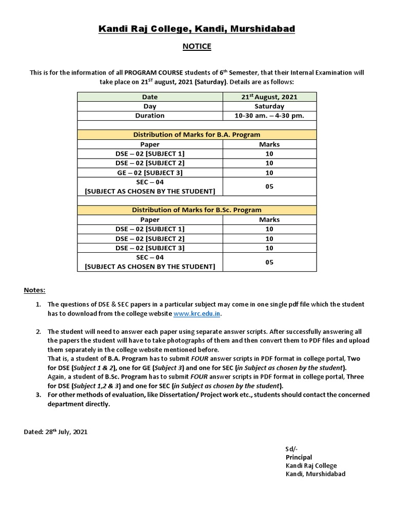 Kandi Raj College, Kandi, Murshidabad Notice: WWW - Krc.edu - in | PDF ...