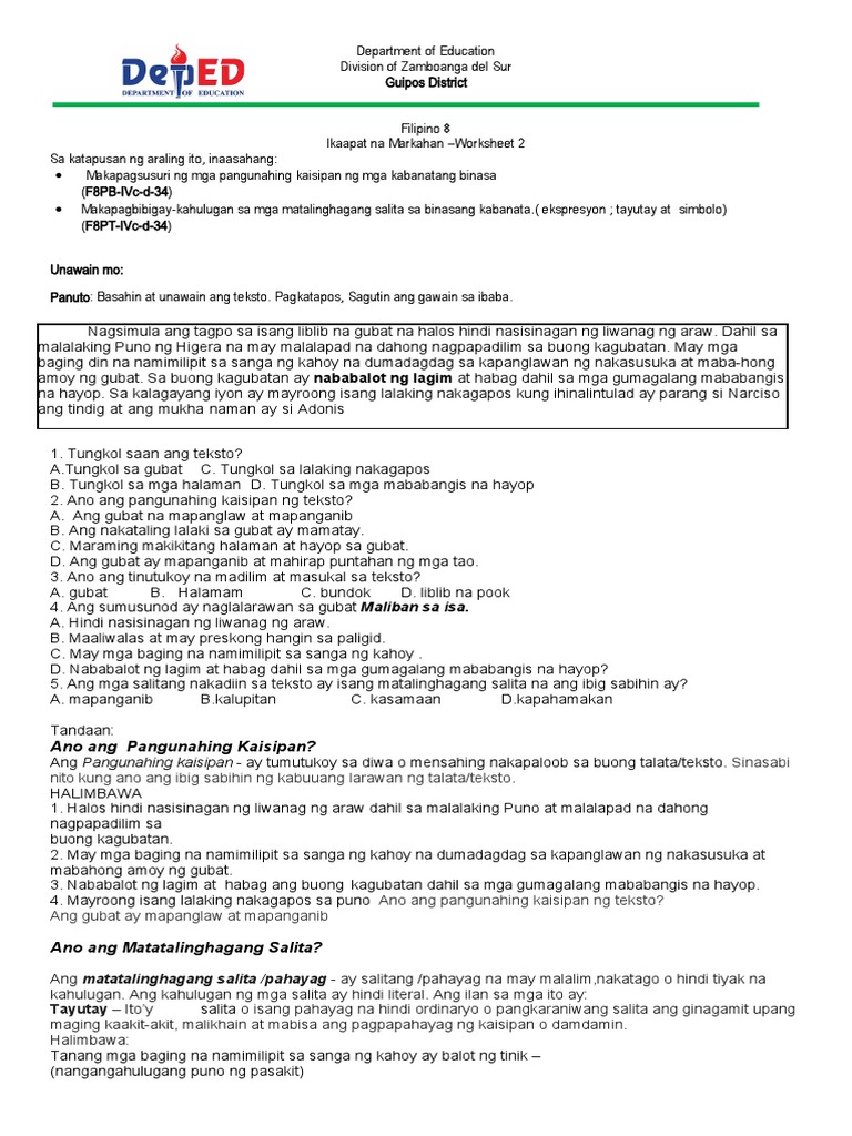 Grade 8 Worksheet 2 4th Q | PDF
