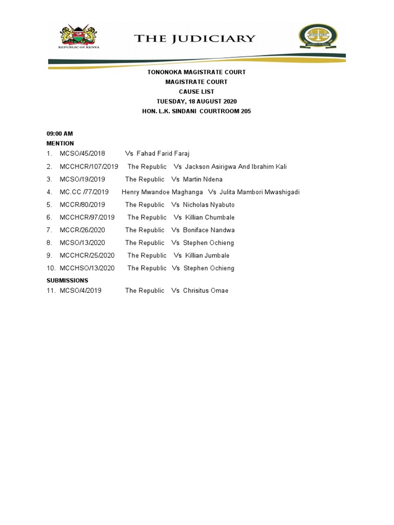Tononoka Magistrate Court Magistrate Court Cause List Tuesday, 18 ...