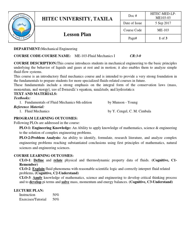Lesson Plan - Fluid Mechanics I | PDF | Fluid Mechanics | Pressure