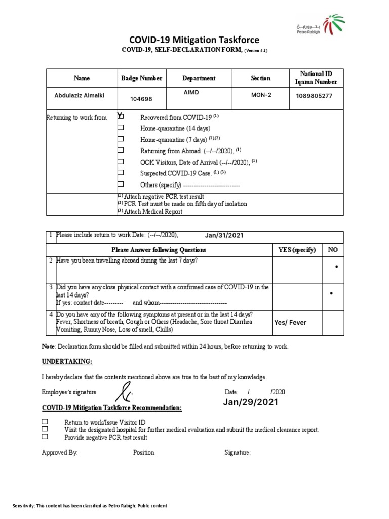 Covid-19 Employee Self-Declaration Form | PDF | Immunology | Public Health