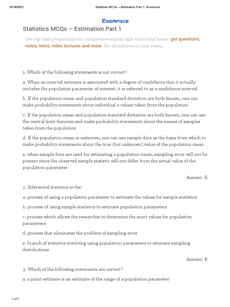 Statistics Mcqs - Estimation Part 1: Examrace | PDF | Confidence Interval | Estimator
