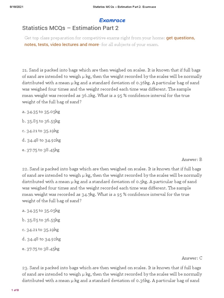 Statistics Mcqs - Estimation Part 2: Examrace | PDF | Confidence Interval | Standard Deviation