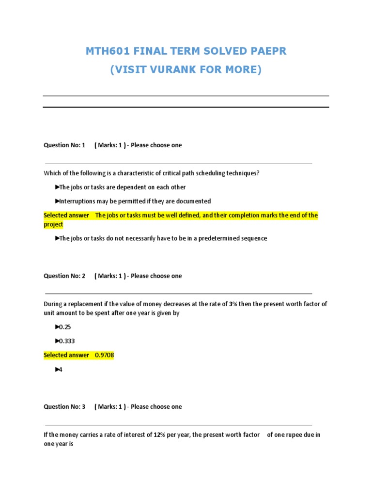 Mth601 Final Term Solved Mcqs | PDF | Linear Programming | Mathematics Mth601 Final Term Solved Mcqs | PDF | Linear Programming | Mathematics
