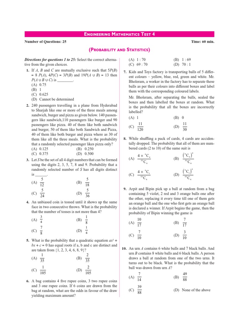 Engineering Mathematics Test 4: (Probability and Statistics) | PDF ...
