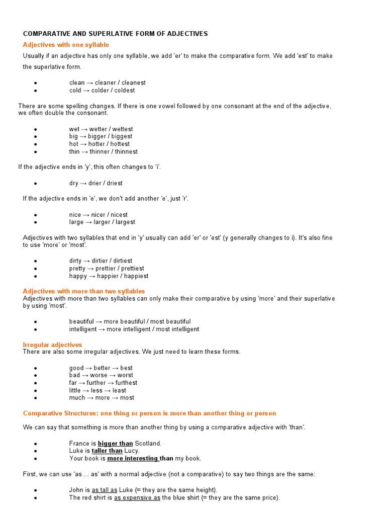 Comparative & Superlative Adjectives Guide | PDF | Adjective | Language ...