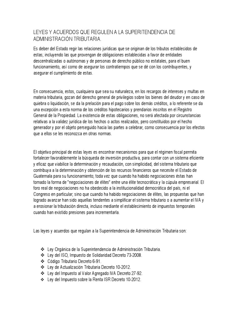Leyes Y Acuerdos Que Regulen A La Superitendencia de Administración Tributaria | PDF | Impuestos ...