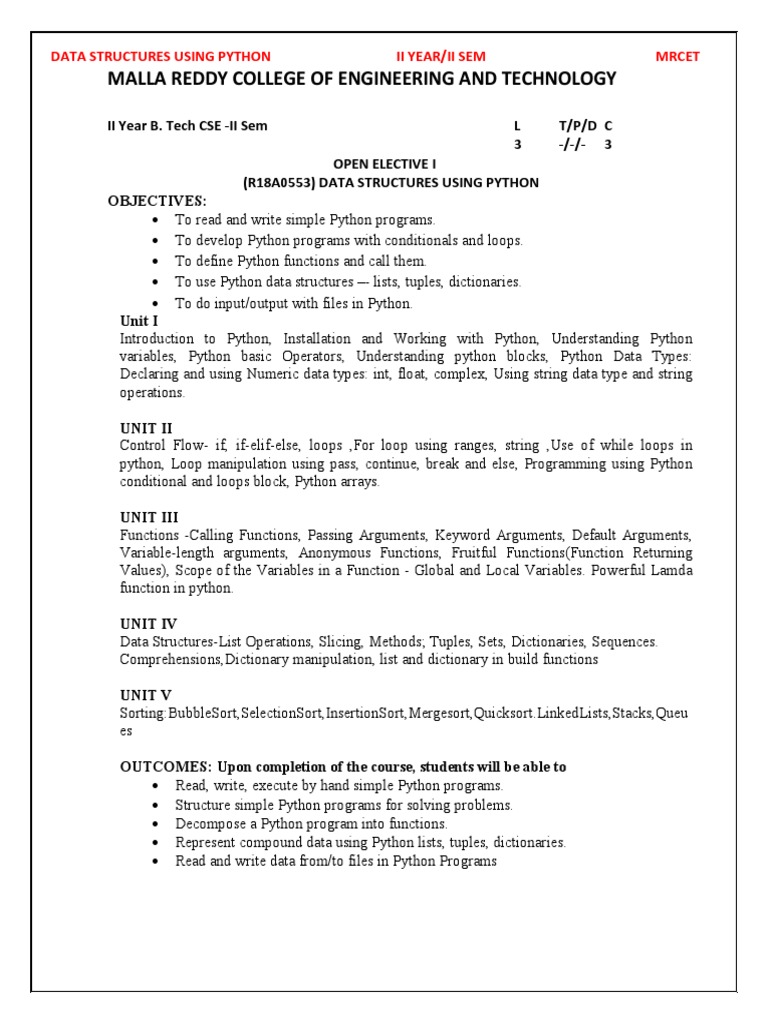 Data Structures Using Python | PDF | Control Flow | Parameter (Computer ...