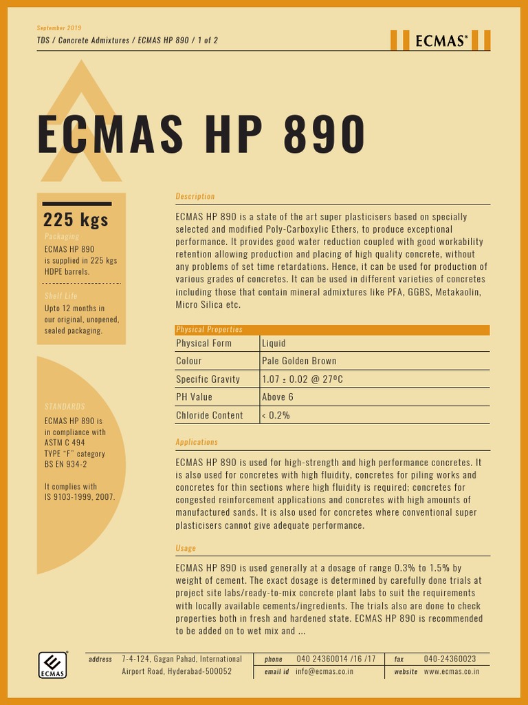 TDS / Concrete Admixtures / ECMAS HP 890 / 1 of 2 | PDF | Concrete ...