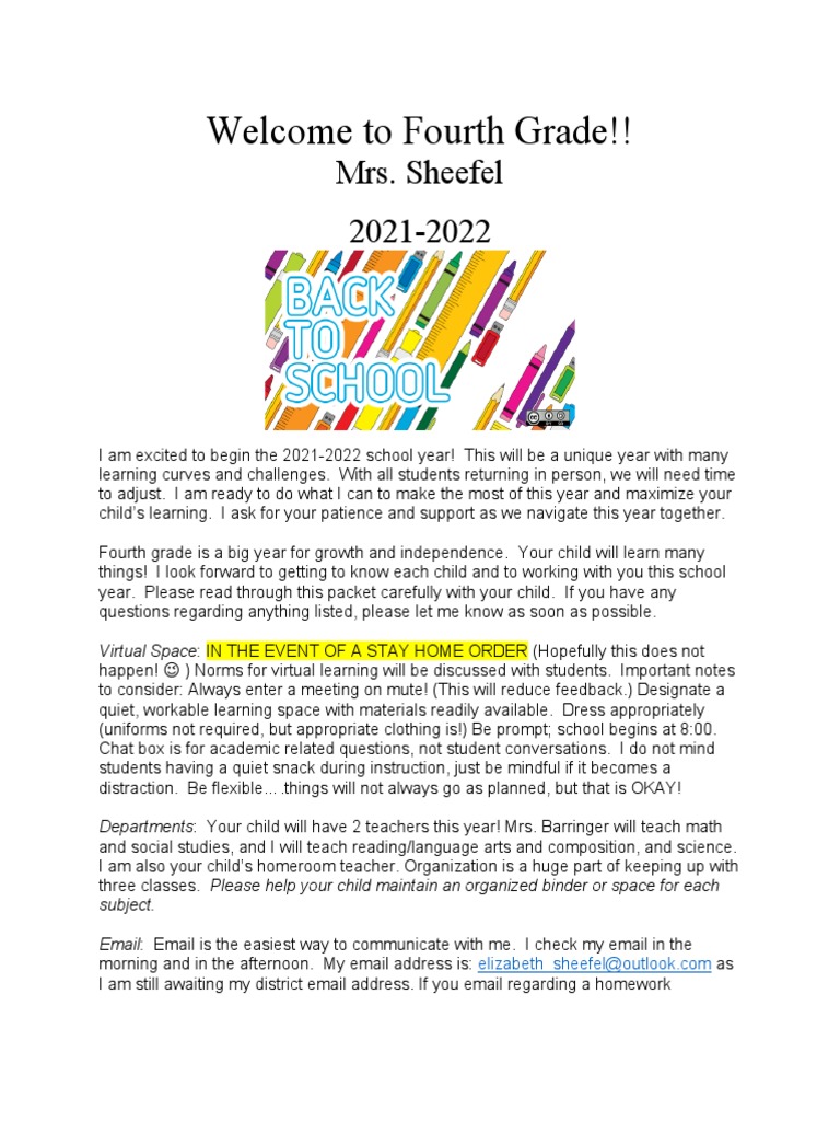 Fourth Grade Welcome Packet 2021-2022 | PDF | Homework