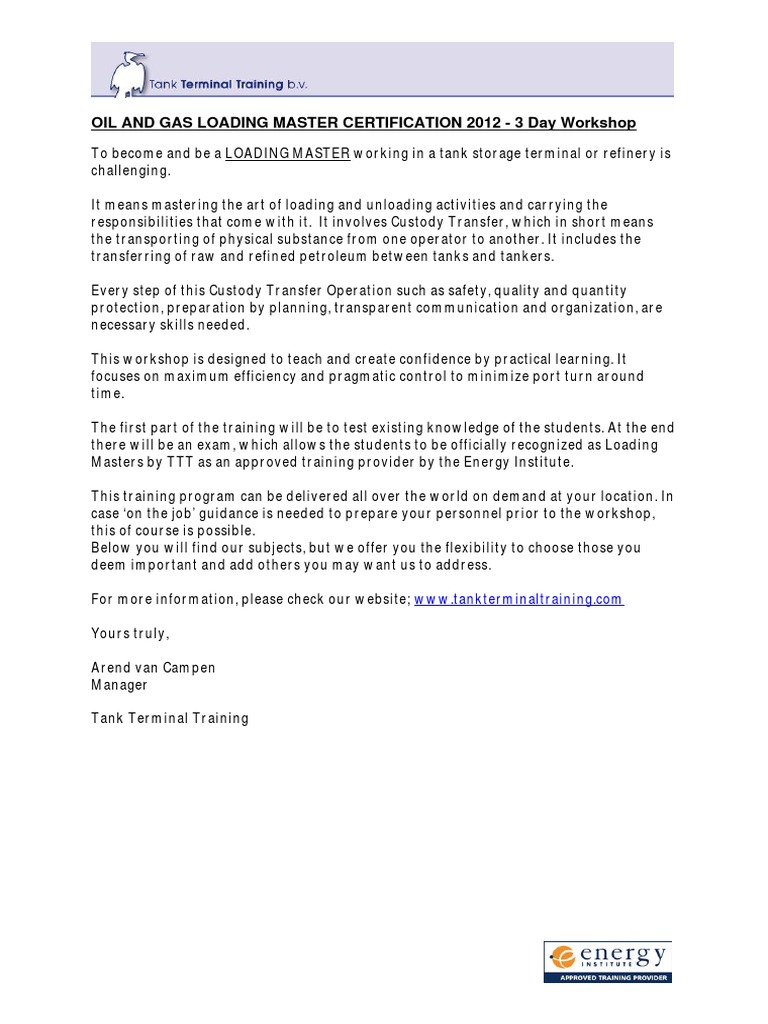 Oil and Gas Loading Master Certification 2012 - 3 Day Workshop | PDF | Oil Tanker