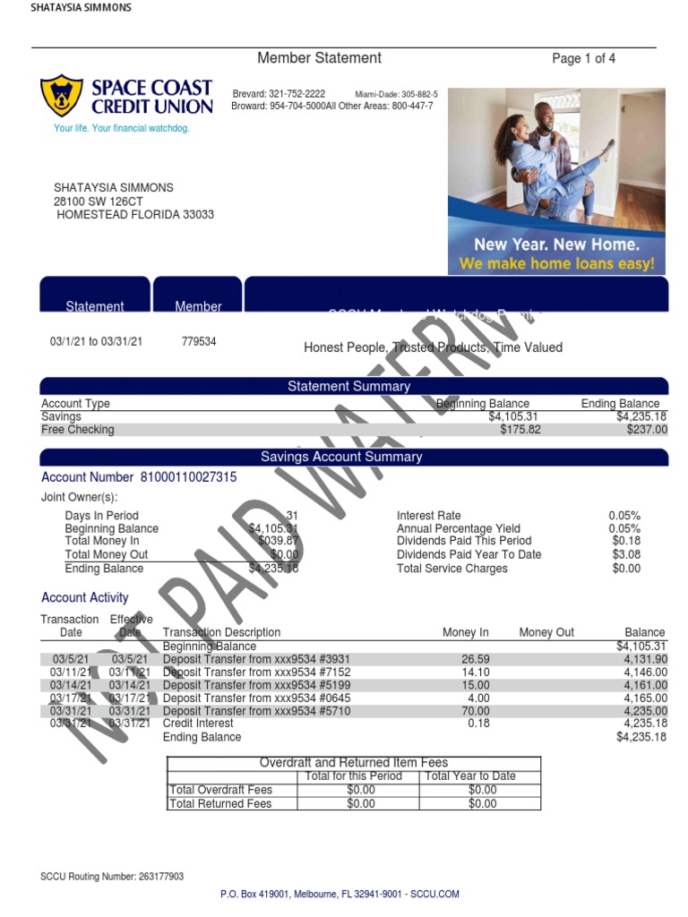 Member Bank Statement for Shataysia Simmons | PDF | Overdraft ...