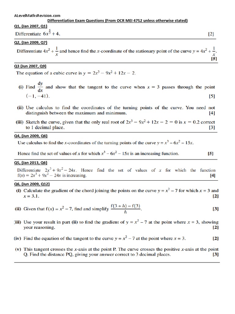 Differentiation (Mixed) Exam Questions | PDF