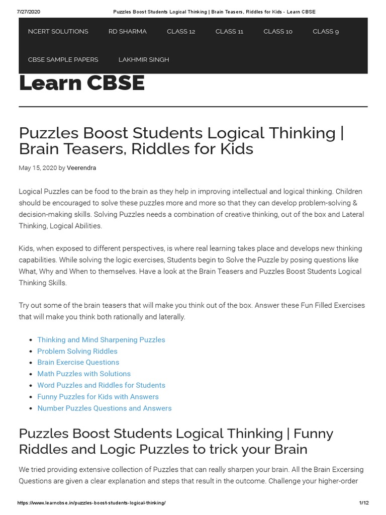 Puzzles Boost Students Logical Thinking - Brain Teasers, Riddles For ...