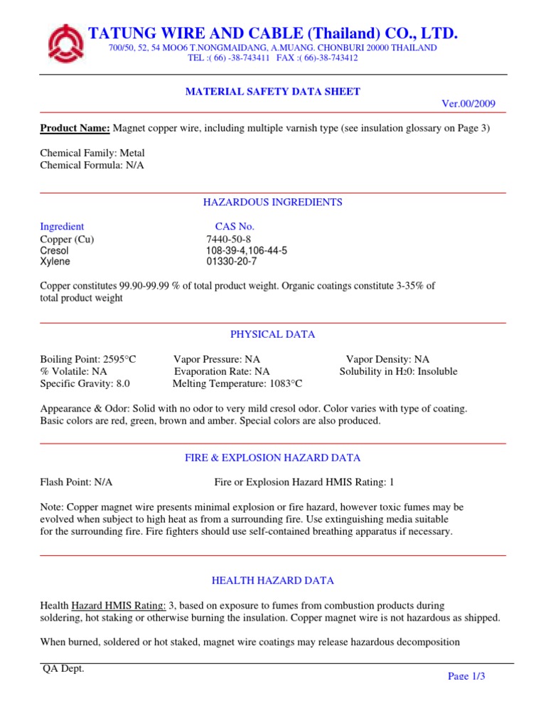 Copper Magnet Wire Safety Data Sheet | PDF | Chemical Substances ...