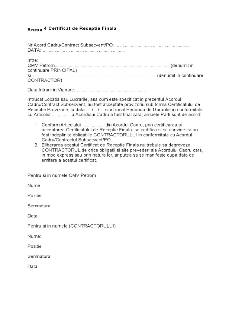 Anexa 4 - Formular de Certificat de Receptie Finala | PDF