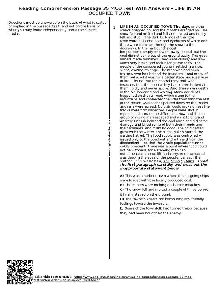 605 Reading Comprehension Passage 35 MCQ Test With Answers Life in An ...