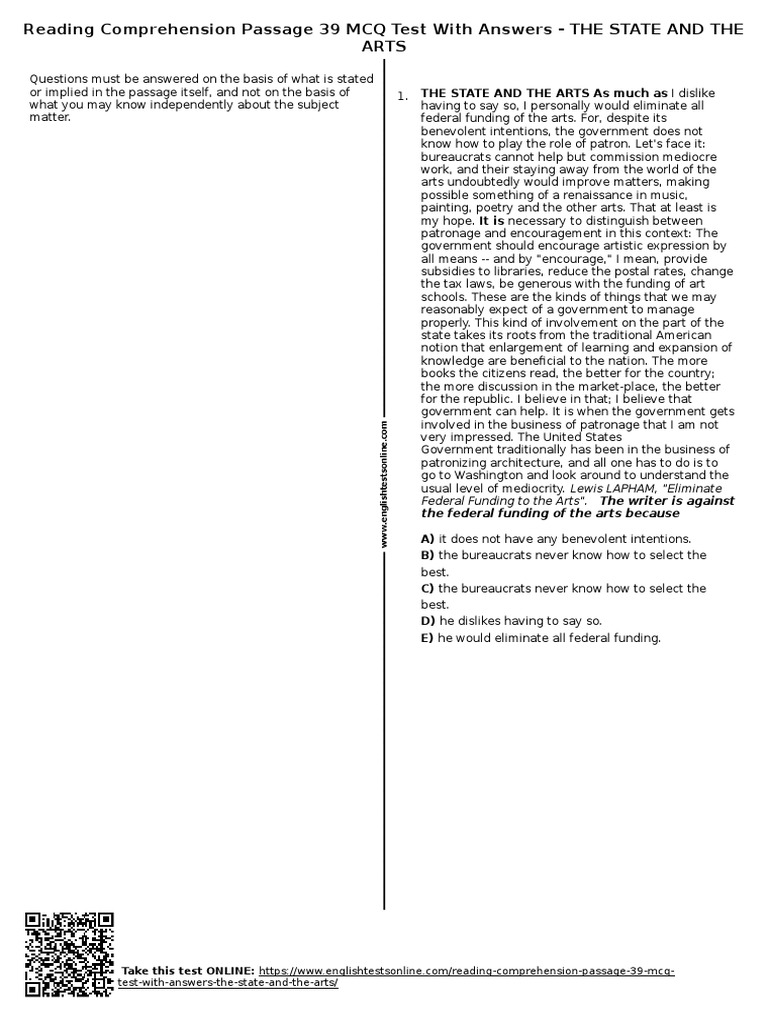 609 Reading Comprehension Passage 39 MCQ Test With Answers The State ...